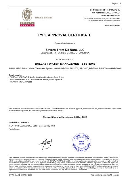 TYPE APPROVAL CERTIFICATE - Severn Trent De Nora, LLC