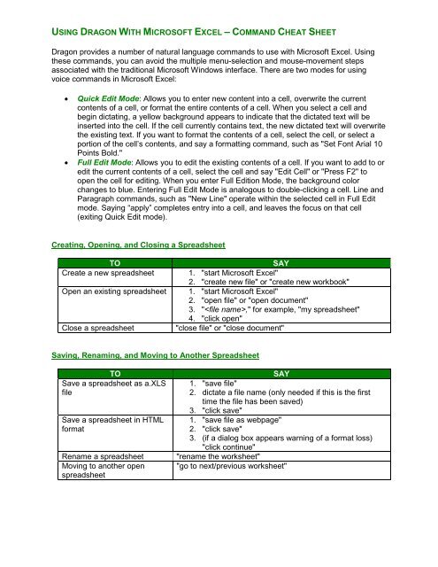 USING DRAGON WITH MICROSOFT EXCEL ... - Nuance