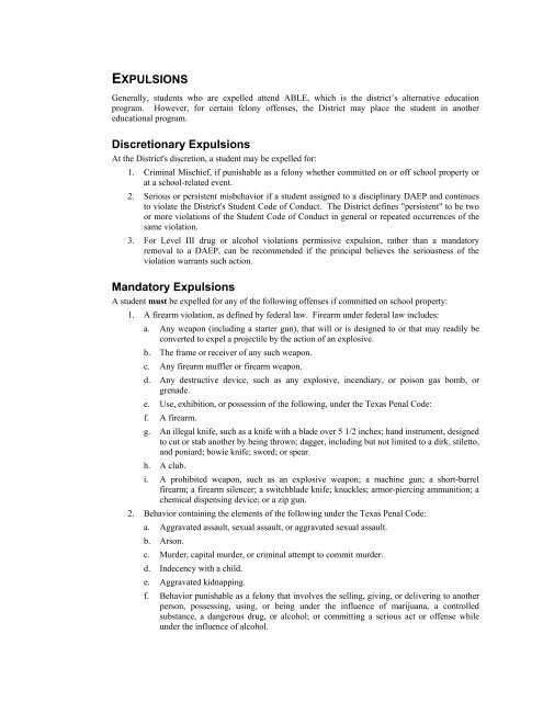 EXPULSIONS Discretionary Expulsions Mandatory Expulsions