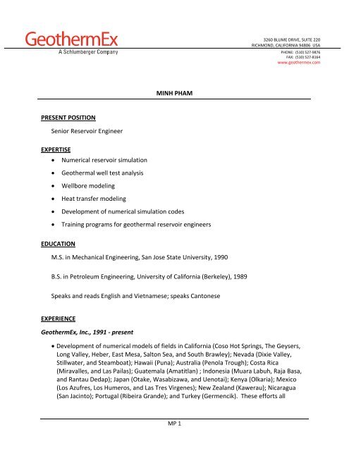 Minh Pham - GeothermEx Inc