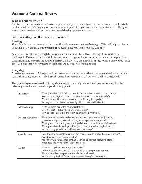 Critical Review - University of Toronto