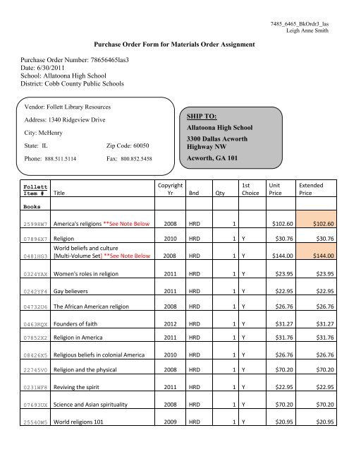 Purchase Order Form for Materials Order Assignment