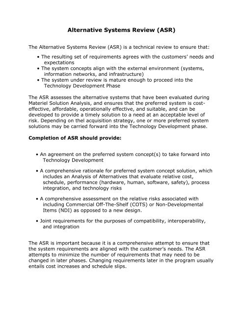 Alternative Systems Review (ASR) - AcqNotes.com