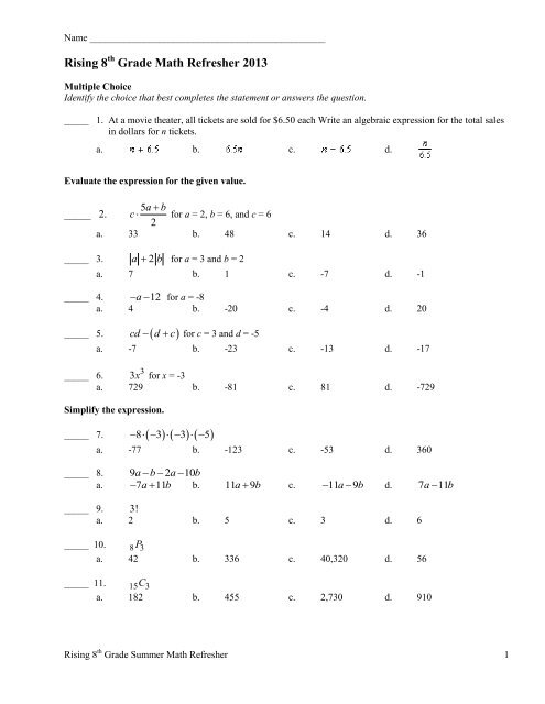 Eighth Grade Summer Math Packet Key School