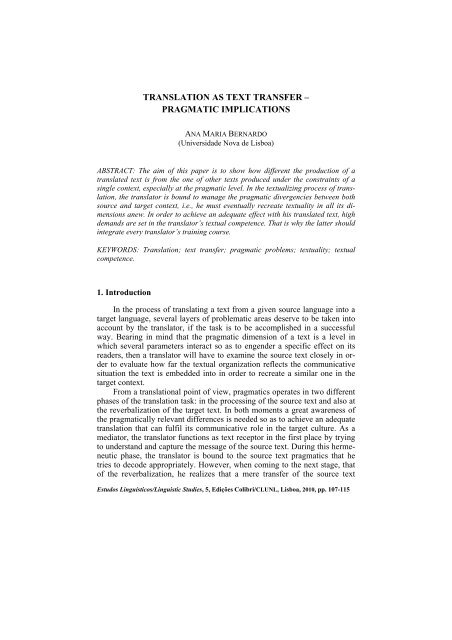 translation as text transfer - Centro de LinguÃ­stica da Universidade ...