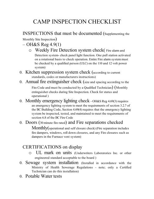 CAMP INSPECTION CHECKLIST