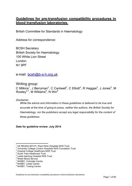 Guidelines for pre-transfusion compatibility procedures in blood