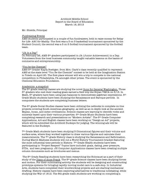 Middle School Principal Report - Archbold Area Schools