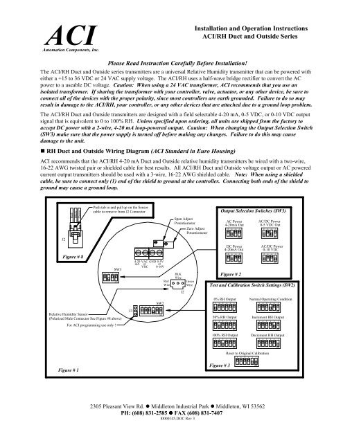 Installation and Operation Instructions ACI/RH Duct and Outside ...