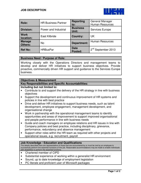 JOB DESCRIPTION Role: HR Business Partner Reporting to ... JOB DESCRIPTION Role: HR Business Partner Reporting to ...