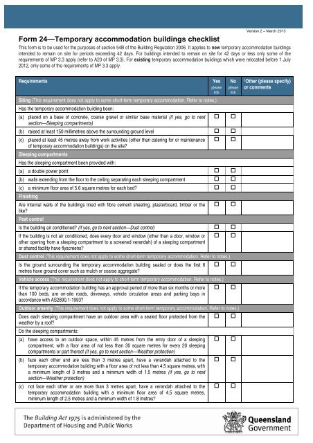Temporary accommodation buildings checklist