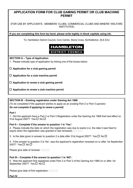 application form for club gaming permit or club machine permit