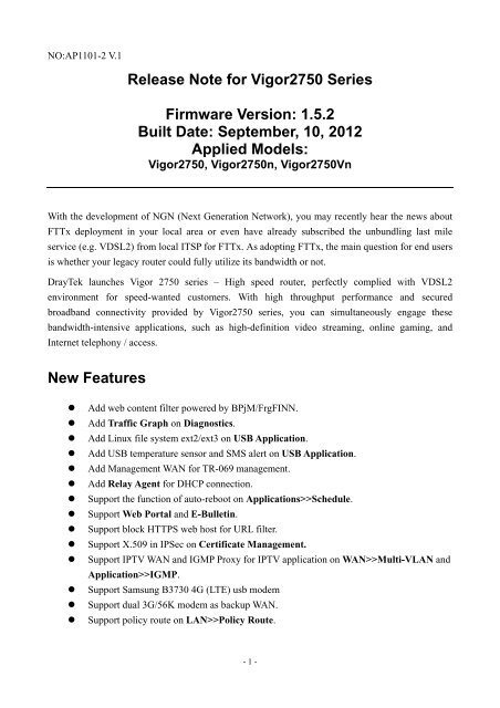 Release Note For Vigor2750 Series Firmware Version 15 Draytek