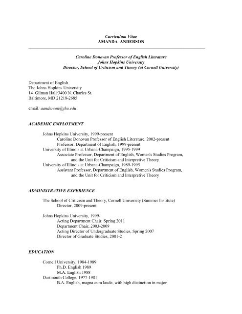 Curriculum Vitae AMANDA ANDERSON - English - Johns Hopkins ...