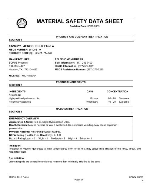 MSDS Aeroshell Fluid 4 - Direct Aviation