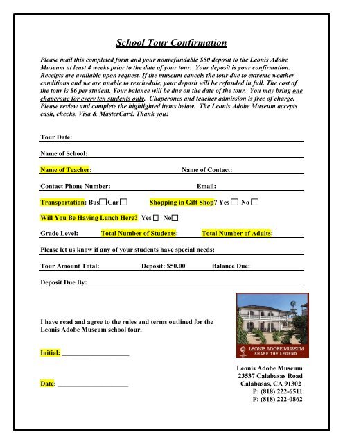 School Tour Confirmation - the Leonis Adobe Museum