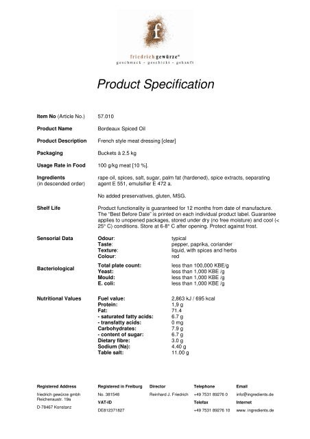 Product Specification - Friedrich Ingredients