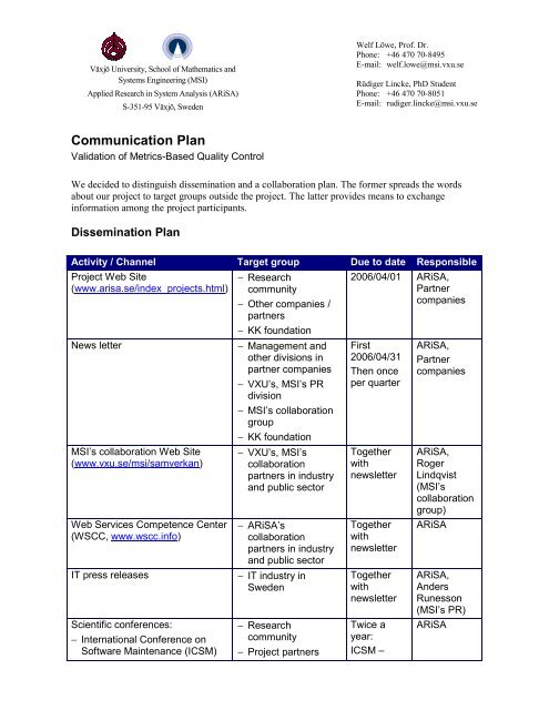 Communication Plan - Applied Research in System Analysis Arisa AB