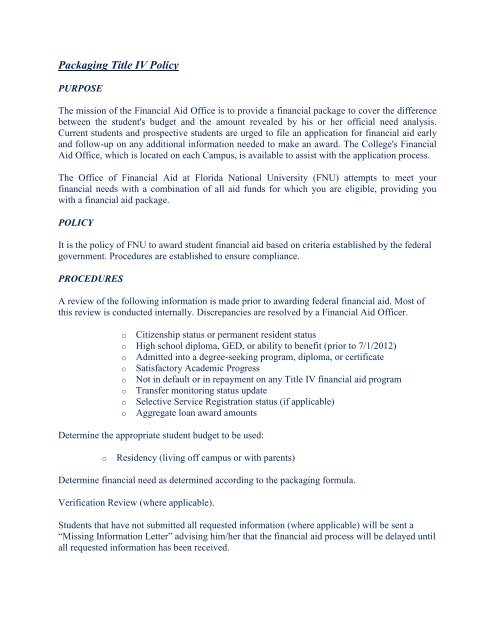 Packaging Title IV Policy.pdf - Florida National University