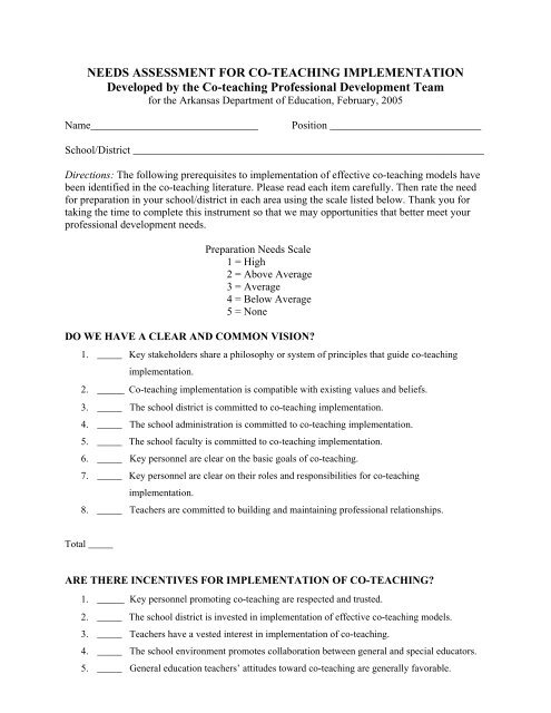 Needs Assessment for Co-teaching - ADE Special Education