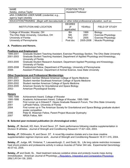 NAME Selsby, Joshua Taylor POSITION TITLE Assistant Professor ...