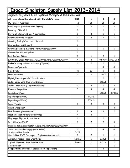 Isaac Singleton Elementary School Supply List 13-14 - Joliet Public ...