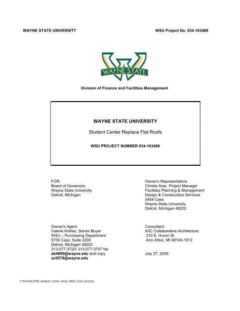 WAYNE STATE UNIVERSITY Student Center Replace Flat Roofs