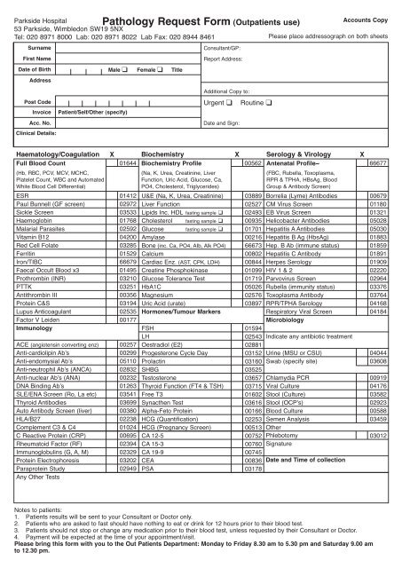 Pathology request form - Parkside Hospital