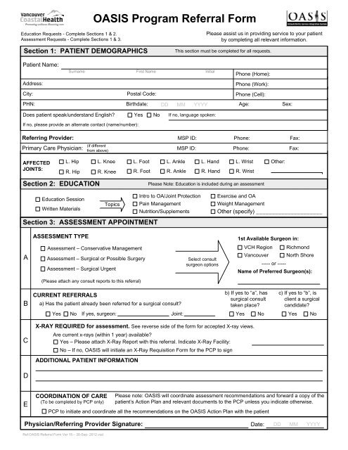 OASIS Referral Form - OASIS - Vancouver Coastal Health