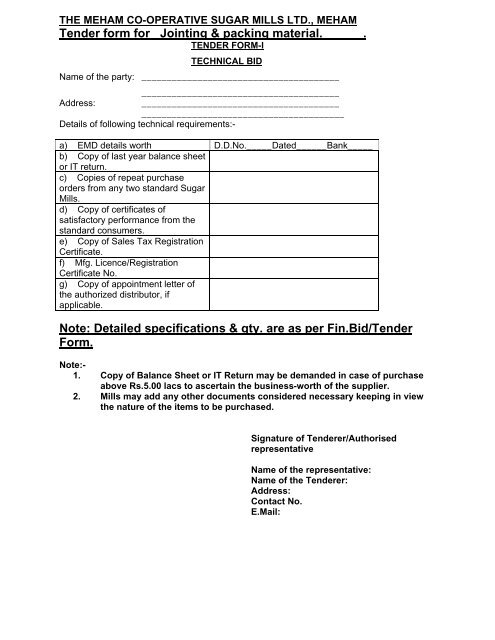 Tender form for Jointing & Packing Material.