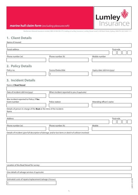 Marine Hull Claim Form - Lumley Insurance