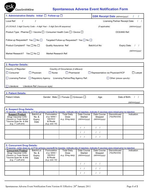 Volibris Spontaneous Adverse Event Notification Form - GSK