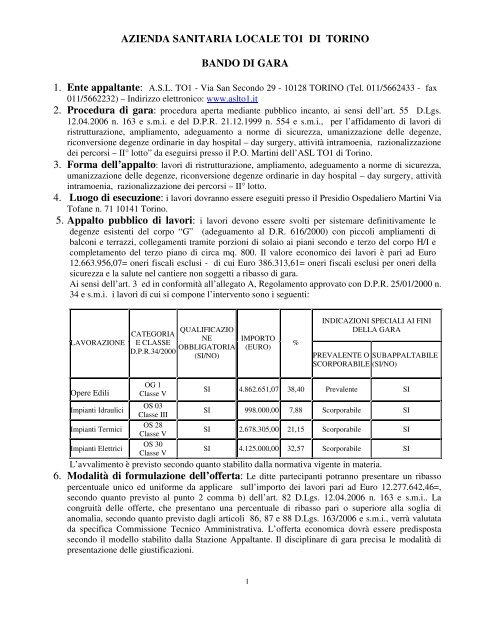 AZIENDA SANITARIA LOCALE TO1 DI TORINO BANDO ... - ASL TO 1