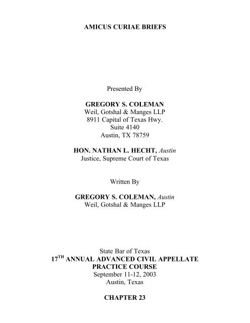 AMICUS CURIAE BRIEFS Presented By GREGORY S. COLEMAN ...