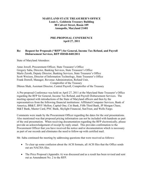 Pre-Proposal Conference Summary - Maryland State Treasurer