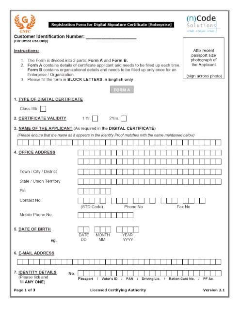 Registration Form for Digital Signature Certificate