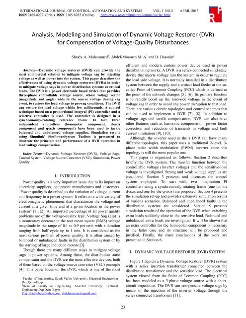 Analysis, Modeling and Simulation of Dynamic Voltage Restorer ...