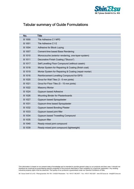 Tabular summary of Guide Formulations - SE Tylose® GmbH & Co. KG