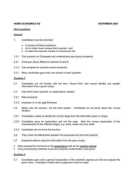 HOME ECONOMICS HG NOVEMBER 2004 Short questions ...