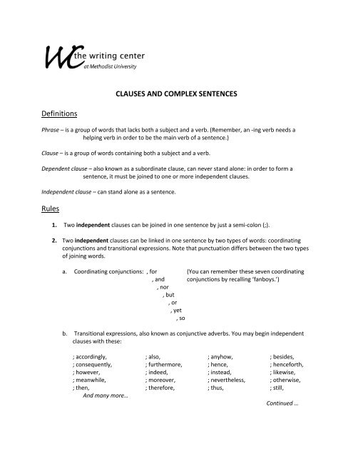 CLAUSES AND COMPLEX SENTENCES Definitions Rules