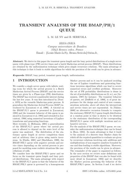 TRANSIENT ANALYSIS OF THE BMAP/PH/1 QUEUE - Irisa