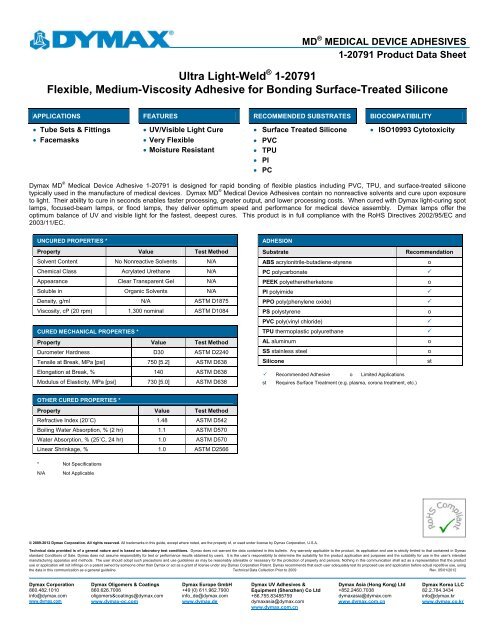 Dymax MD Medical Device Adhesive 1-20791 Product Data Sheet