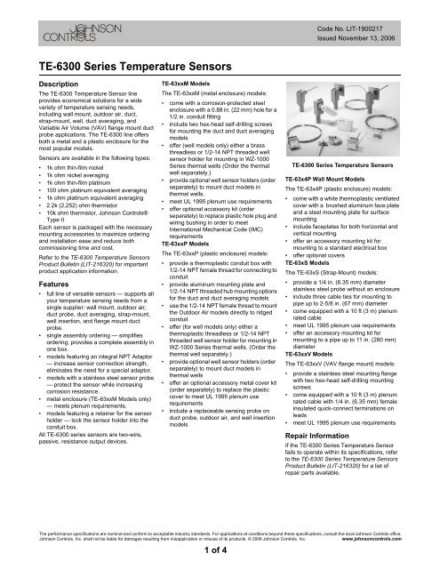 TE-6300 Series Temperature Sensors Catalog Page - PexSupply.com