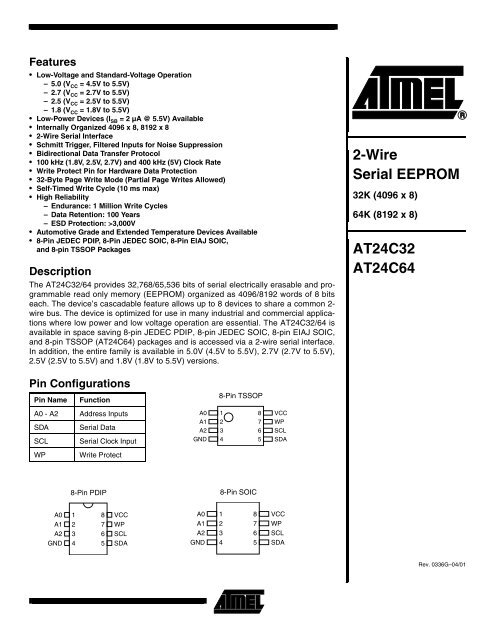 2-Wire Serial EEPROM AT24C32 AT24C64 2-Wire, 32K Serial E ...