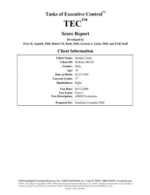 TEC Score Report - Psychological Assessment Resources, Inc.