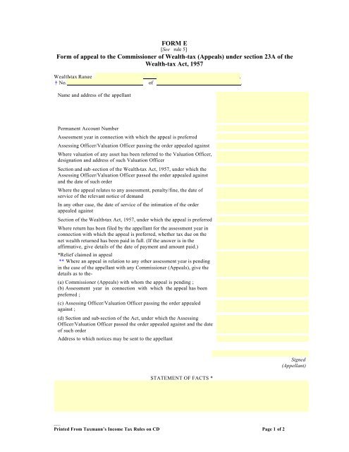 FORM E Form of appeal to the Commissioner of Wealth-tax (Appeals)
