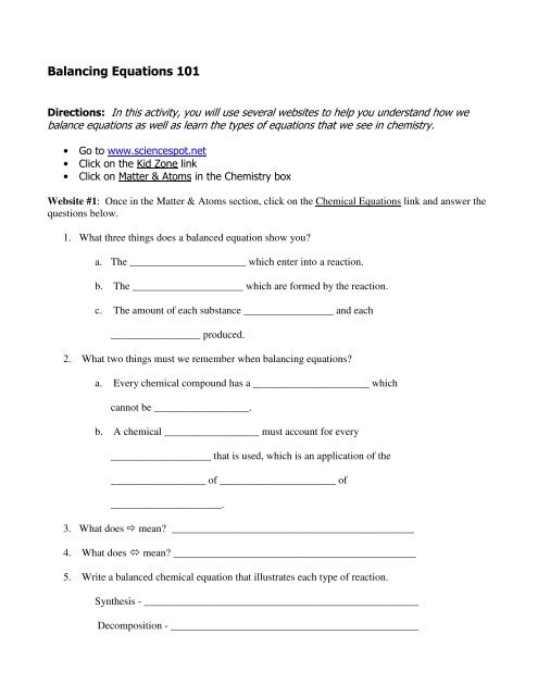 Balancing Equations And Reaction Types Worksheet Answers