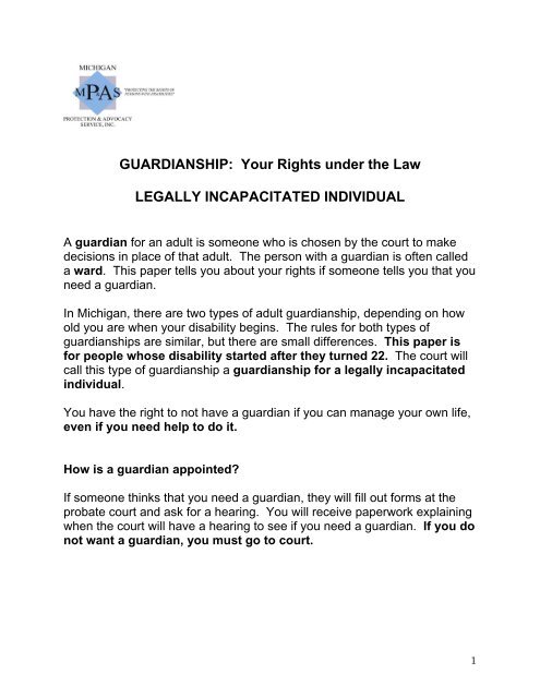 Your Rights under the Law LEGALLY INCAPACITATED INDIVIDUAL