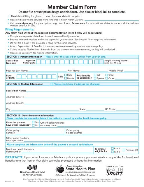 Medical Claim Form - State Health Plan