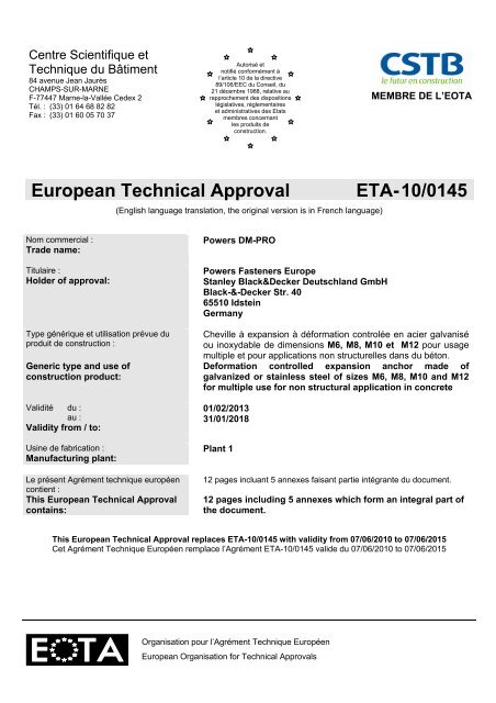 European Technical Approval ETA-10/0145